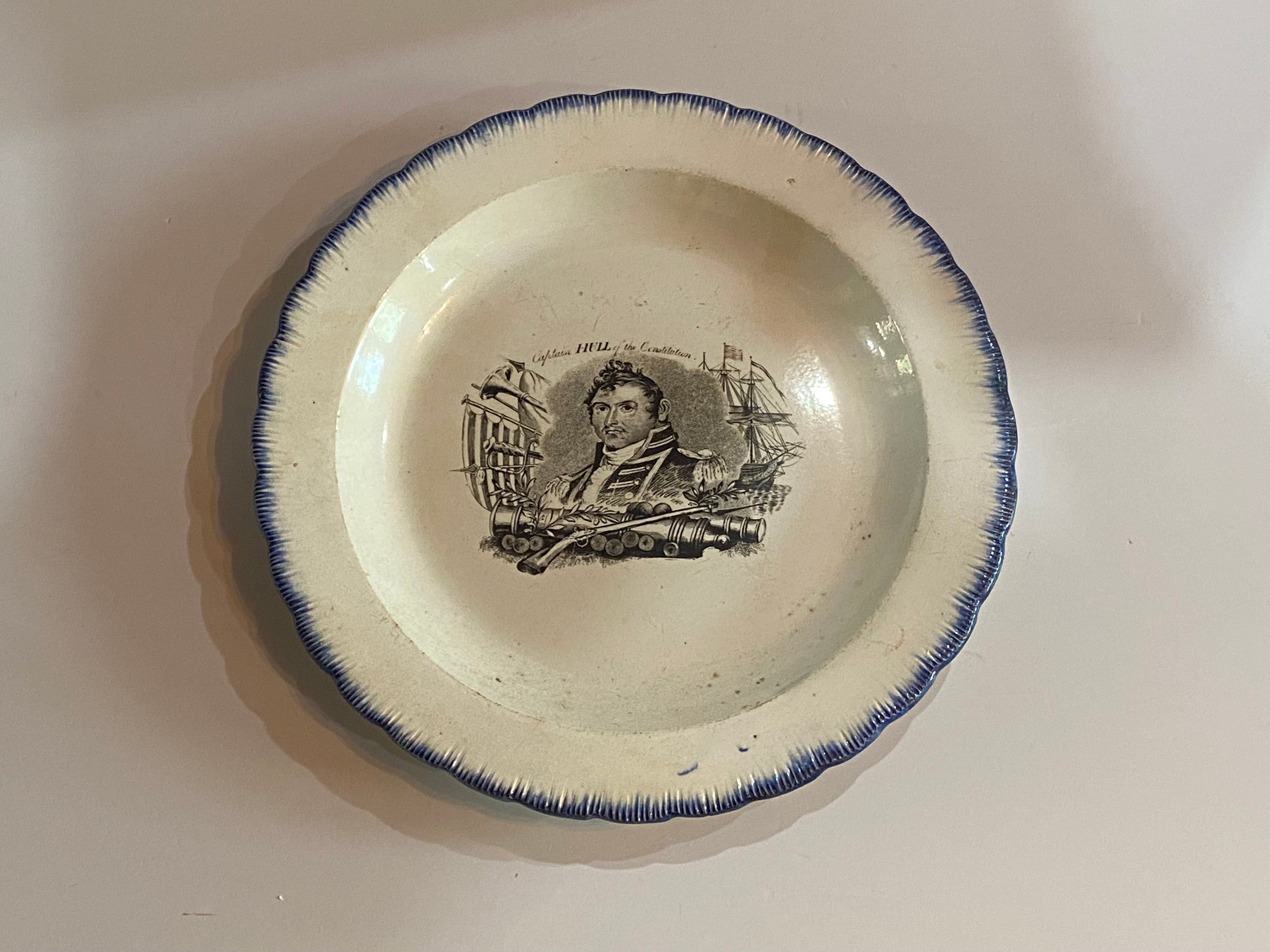 Staffordshire Pearlware Blue Edge Leeds War of 1812 Plate Captain Hull ...
