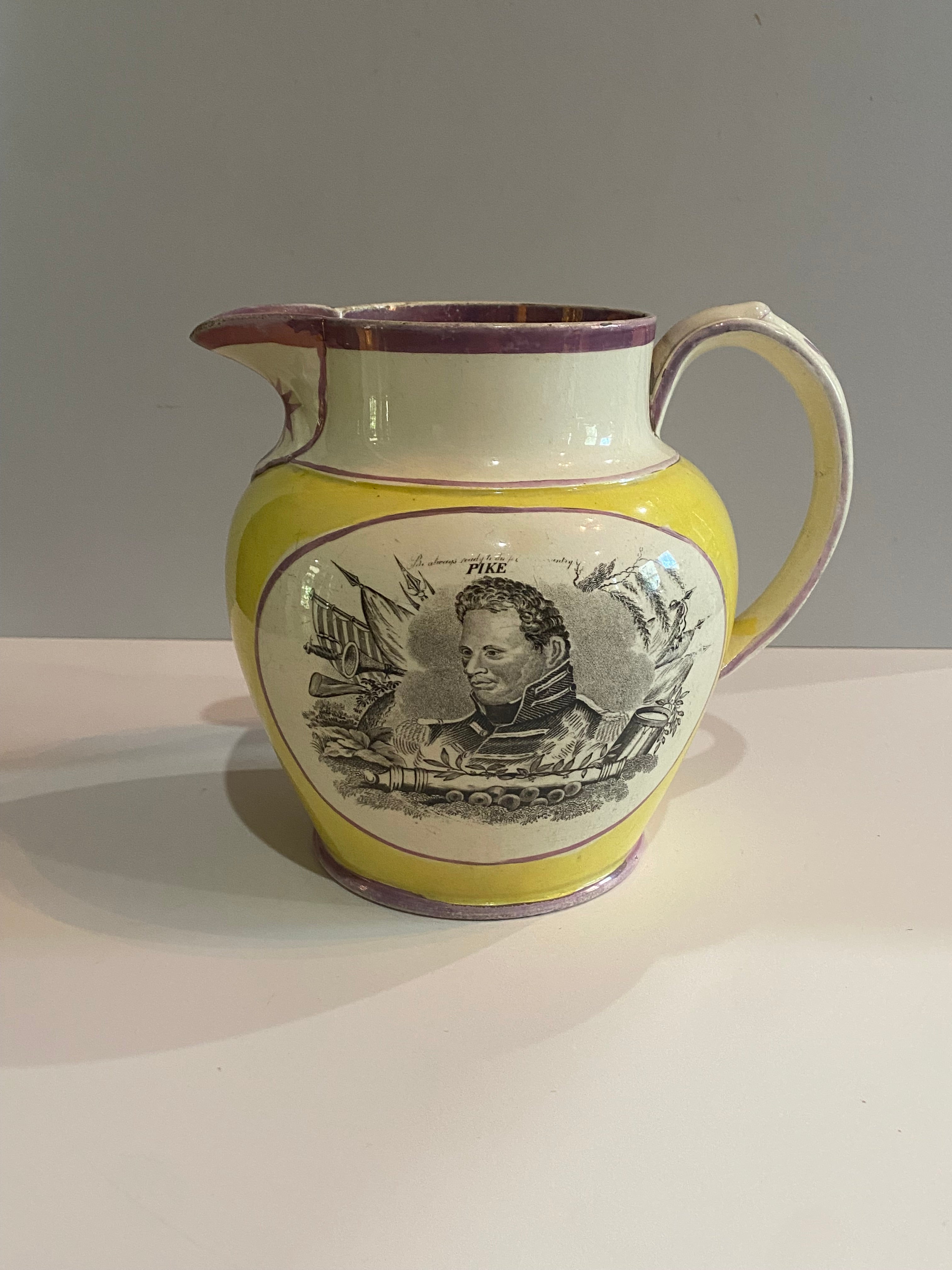 Staffordshire War or 1812 Pitcher Captain Hull and Pike Yellow Backgro ...